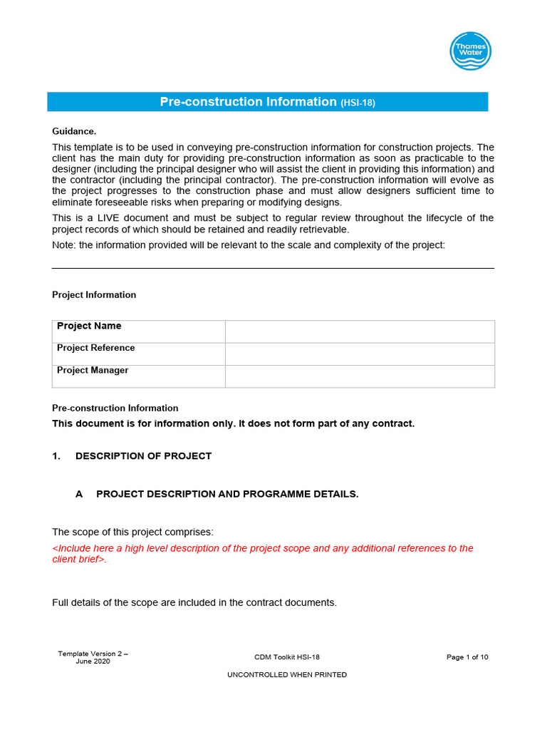Pre-Construction Information Template | PDF | Occupational Safety And ...