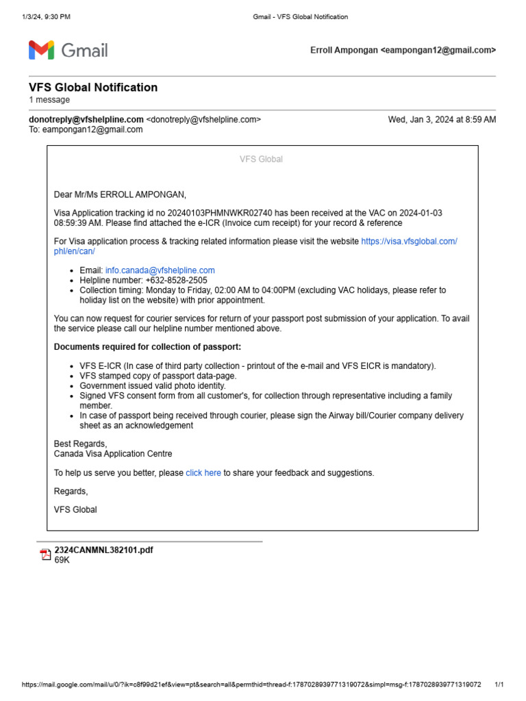 Gmail VFS Global Notification | PDF