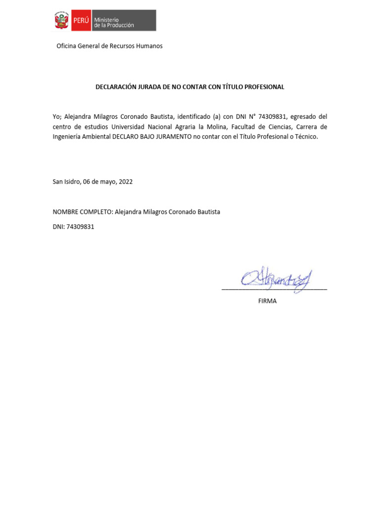 Declaración Jurada de No Contar Con Título Profesional | PDF
