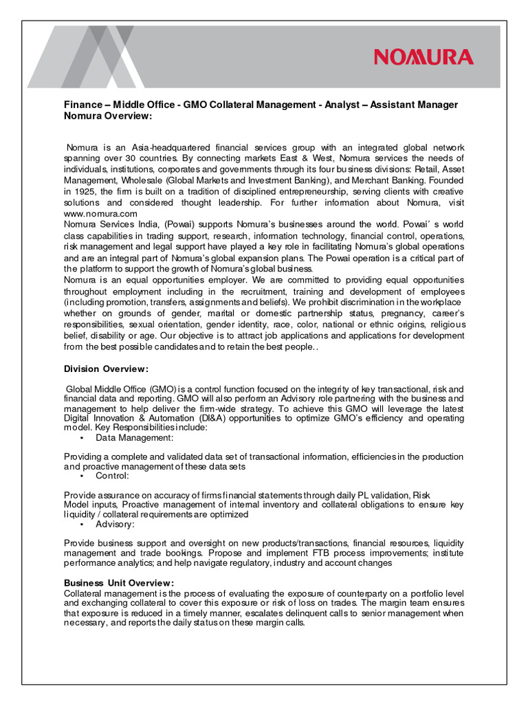 Collateral Management Analyst Role at Nomura | PDF | Financial Analyst ...