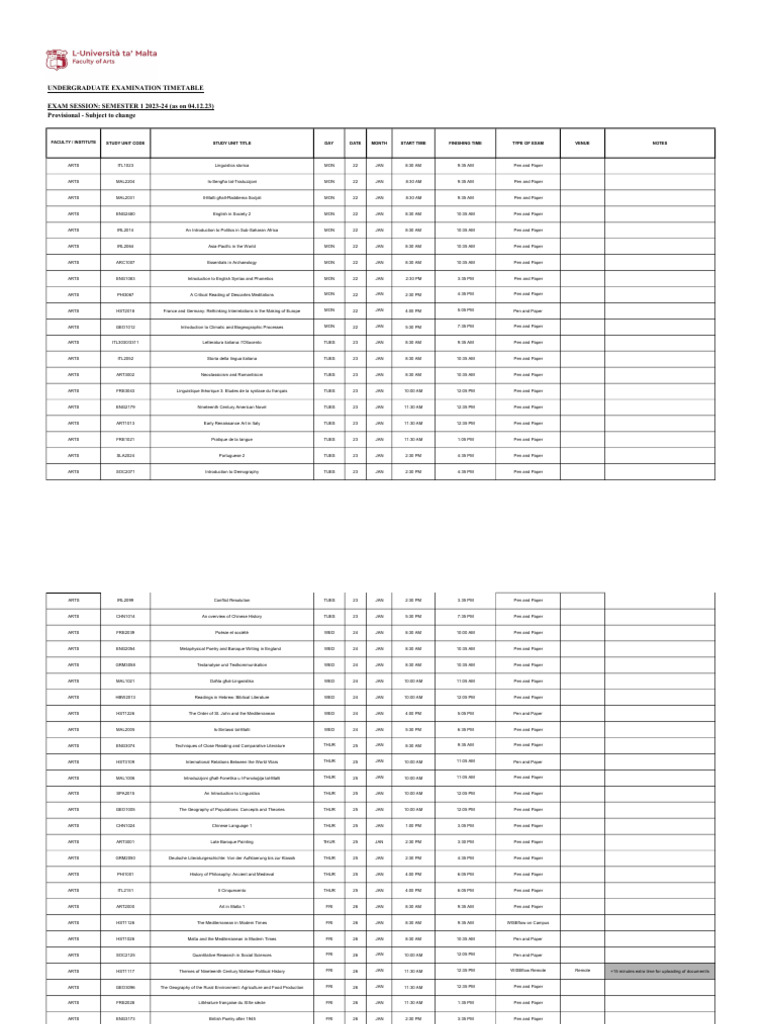 Ugs em 1 Exam Timetable | PDF