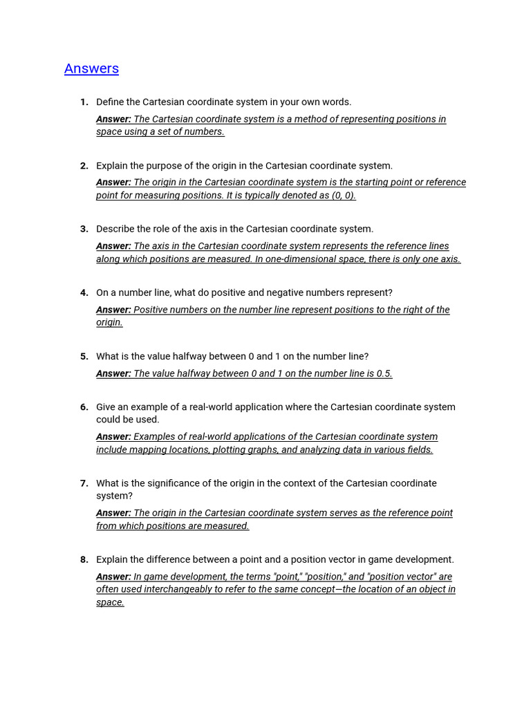 Section 1 1 Cartesian Coordinates Answers Pdf Cartesian Coordinate System Linear Algebra