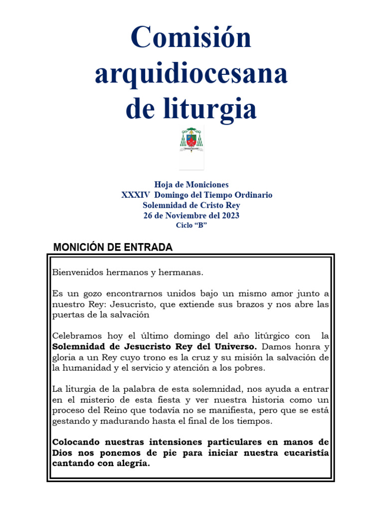 Moniciones Solemnidad de Cristo Rey Del Universo Xxxiv Domingo ...