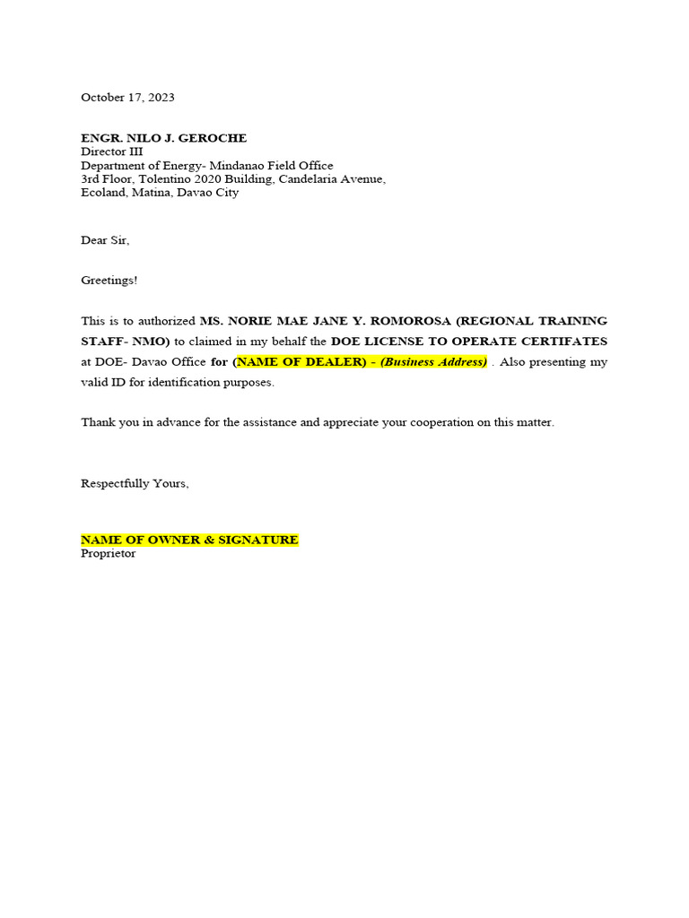 Doe Authorization Letter Dealer | PDF