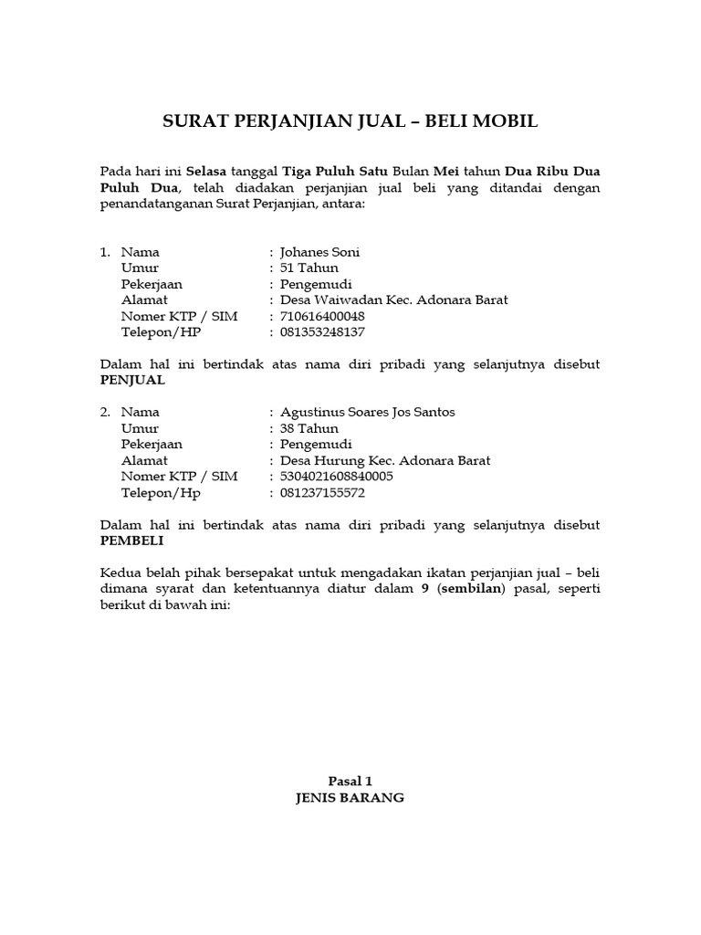 Surat Perjanjian Jual Beli Mobil | PDF