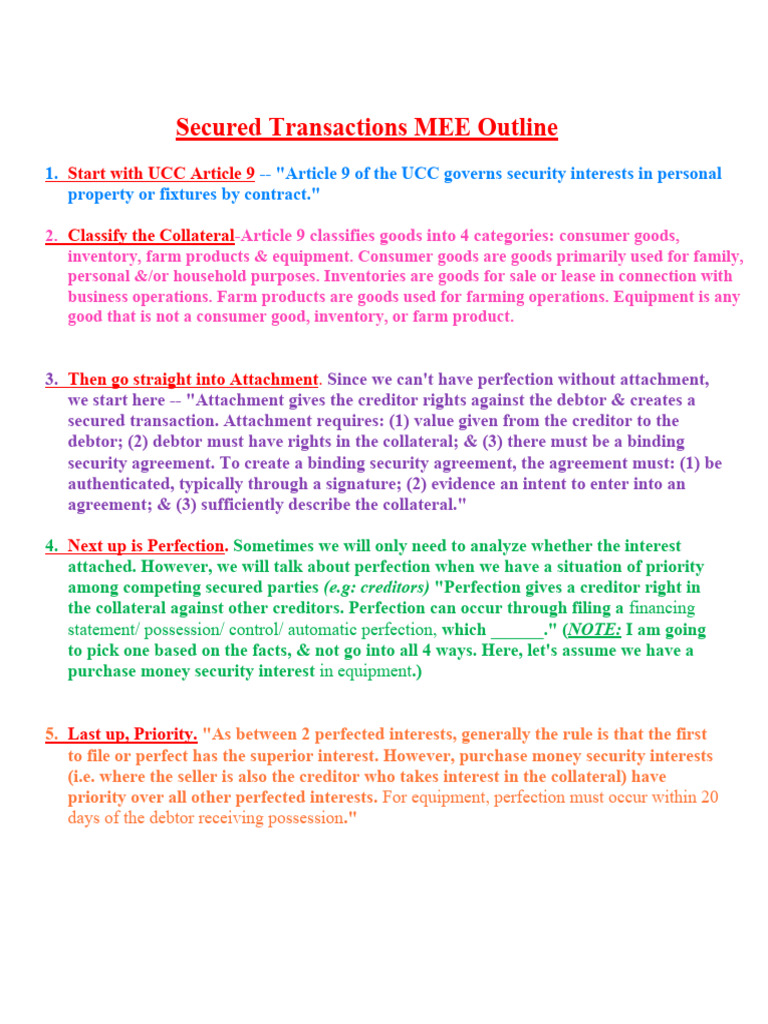 Secured Transactions MEE Outline | PDF | Security Interest | Private Law