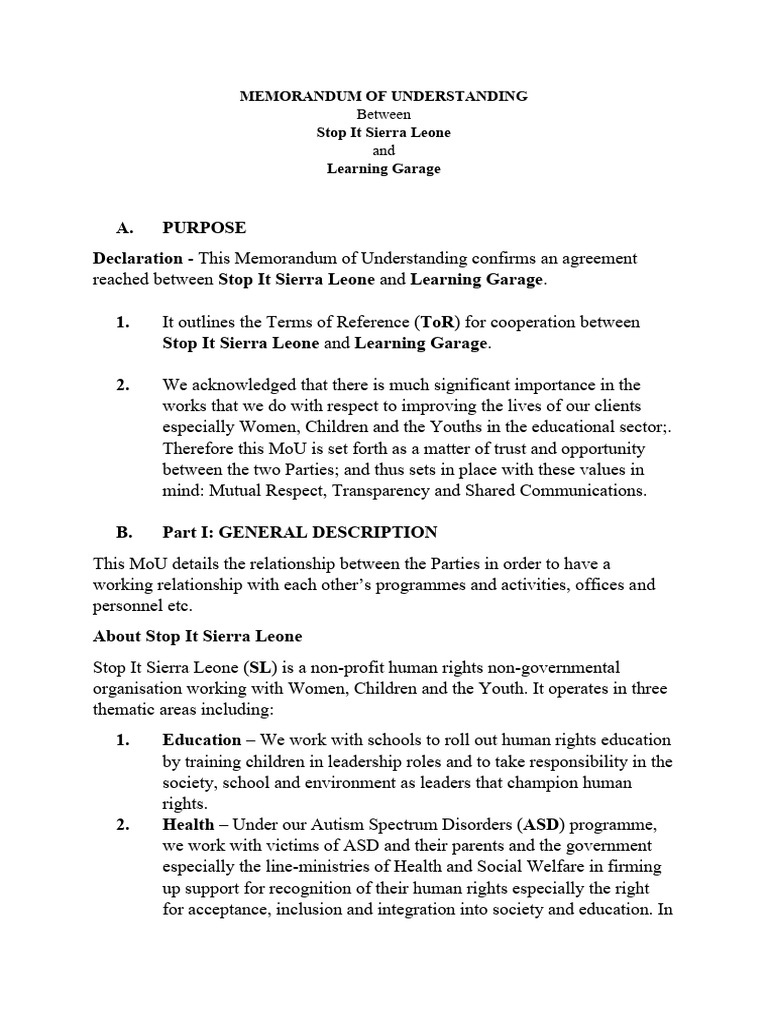 DRAFT MoU For Learning Garage | Download Free PDF | Autism Spectrum
