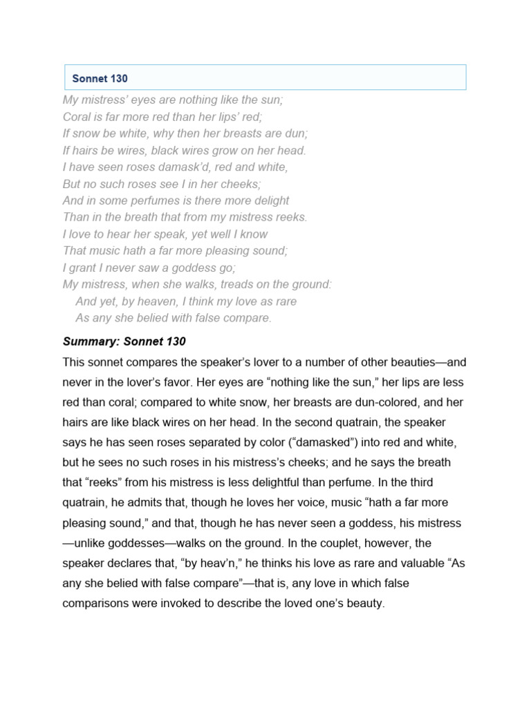 Shakespeare's Sonnet 130 Analysis | PDF | Poetry | British Poems