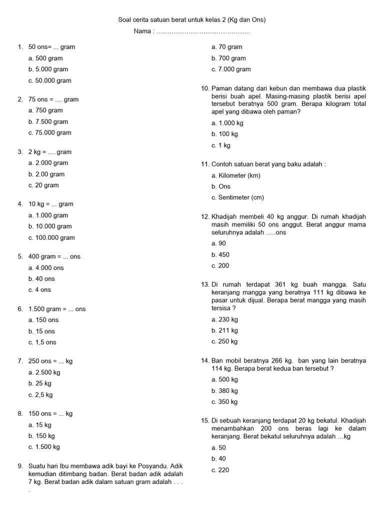 Soal Cerita Satuan Berat Untuk Kelas 2 | PDF