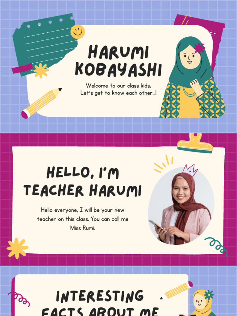 Blue Purple Cute Illustrative Teacher Introduction Presentation | PDF
