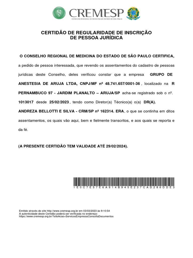 Certificado Registro Cremesp | PDF