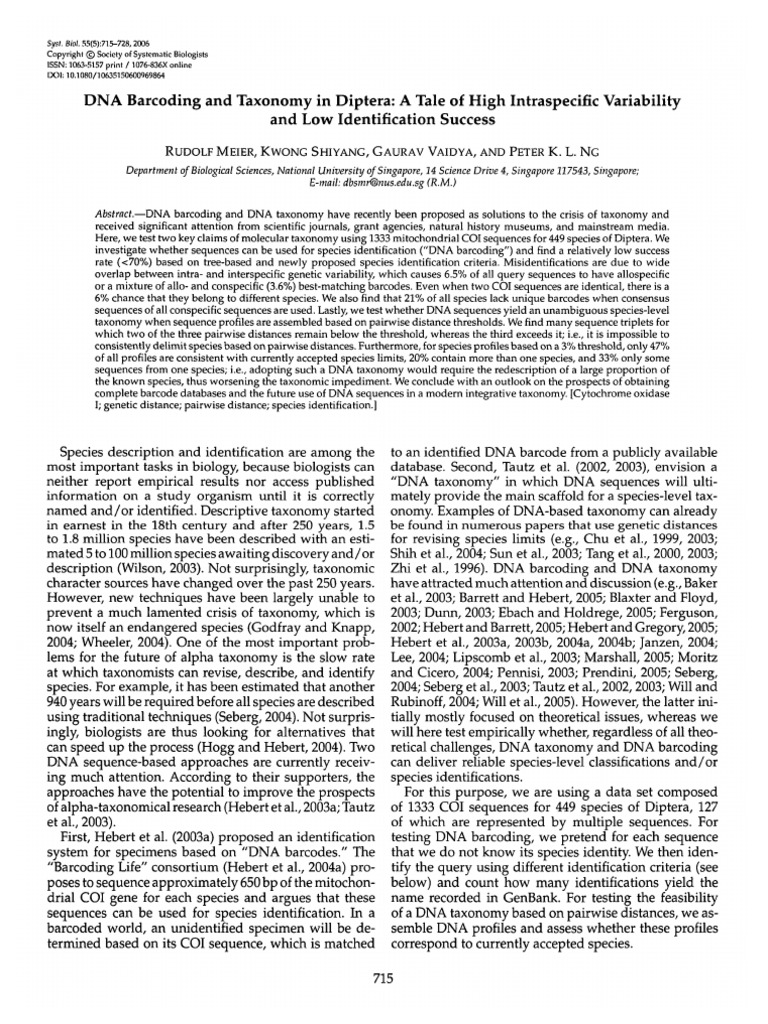 Dna Barcoding And Taxonomy In Diptera A Tale Of High Intraspecific Variability And Low