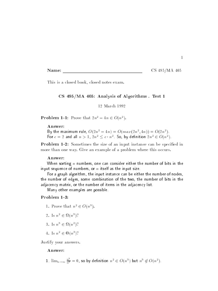 Name Cs 495ma 405 Analysis Of Algorithms Test 1 Problem 1 1