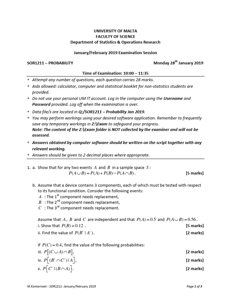 SOR1211 Probability - Jan 2019 | PDF | Probability Distribution | Probability Density Function