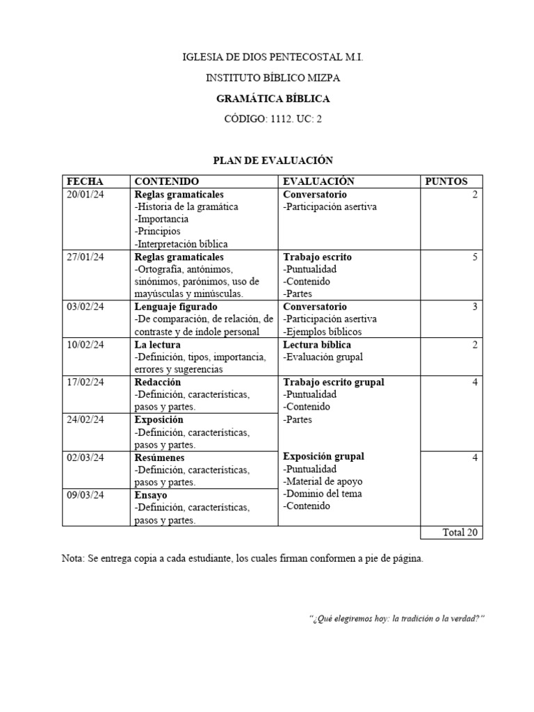 Plan de Evaluacion - Gramatica Biblica | PDF | Escritura | Lingüística