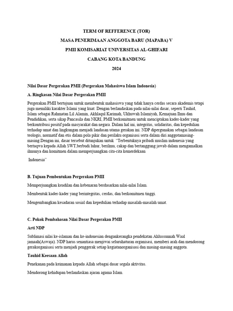 Tor Nilai Dasar Pergerakan Kang Ilham Akbar Zaini | PDF