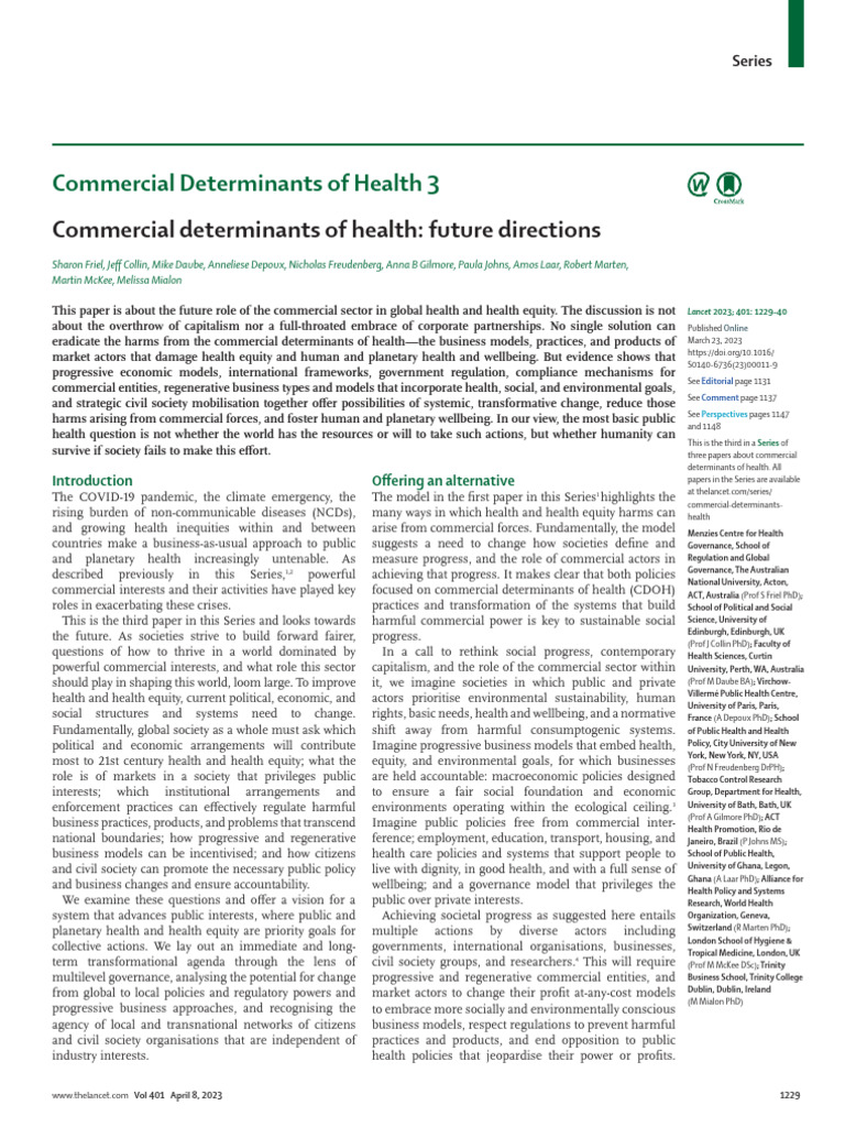 Friel Et Al (2023) Commercial Determinants of Health - Future Directions | Download Free PDF ...