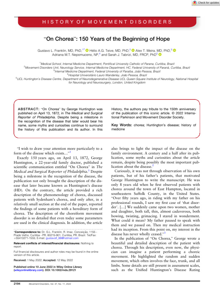 On Chorea 150 Years of The Beginning of Hope - Movement Disorders ...