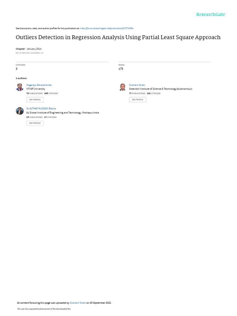 Outliers Detection In Regression Analysis Using Partial Least Square Approach Pdf Regression