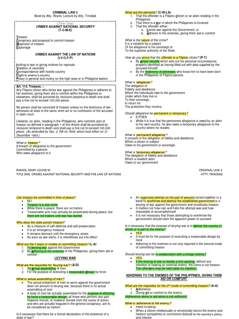 Reyes Reviewer Compiled | PDF | Treason | Crimes