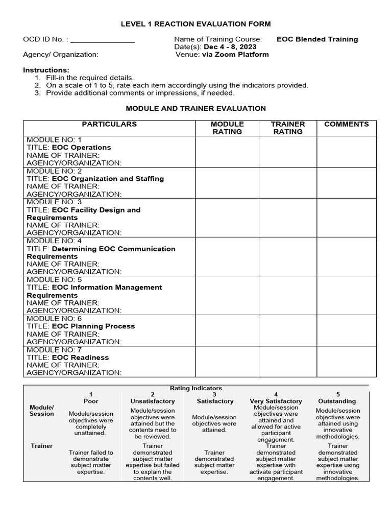 EOC Training Reaction Evaluation Form | PDF | Career & Growth | Self ...