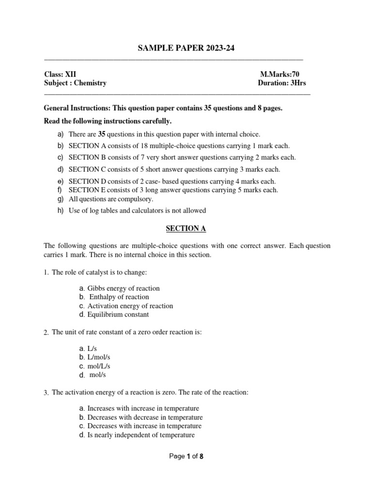 Class 12 Chemistry Sample Paper 2023-24 | PDF | Activation Energy ...