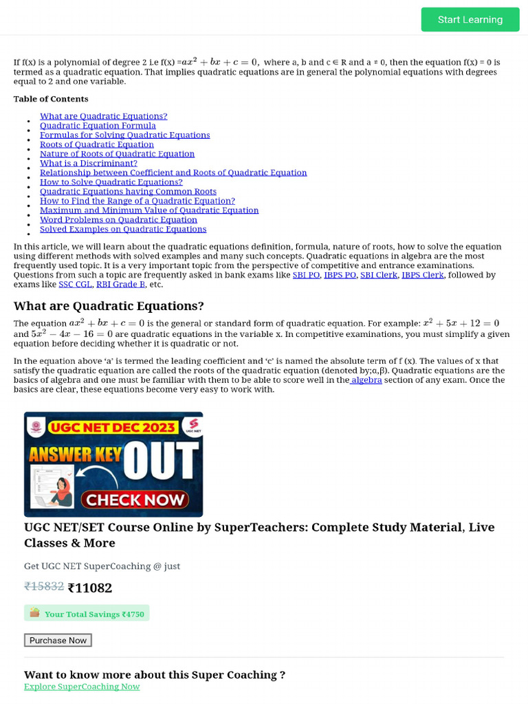 Quadratic Equation - Definition, Formula & Methods On How To Solve | PDF