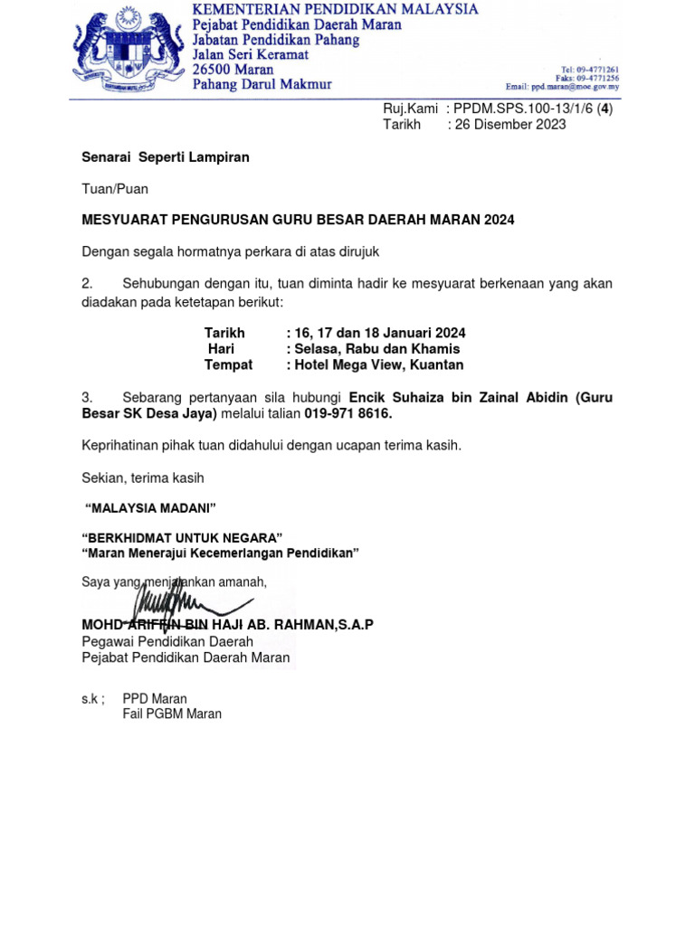 Mesyuarat PGBM - Guru Besar - 16-18 Jan 2024 | PDF