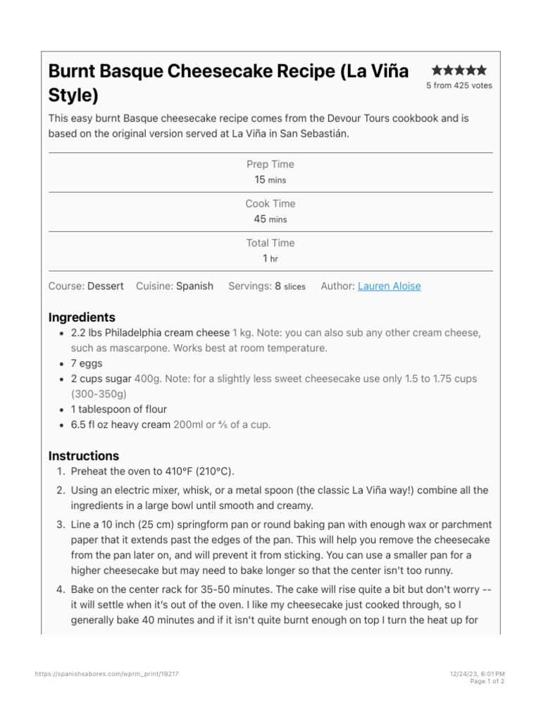 Burnt Basque Cheesecake Recipe (La Viña Style) - Spanish Sabores | PDF ...