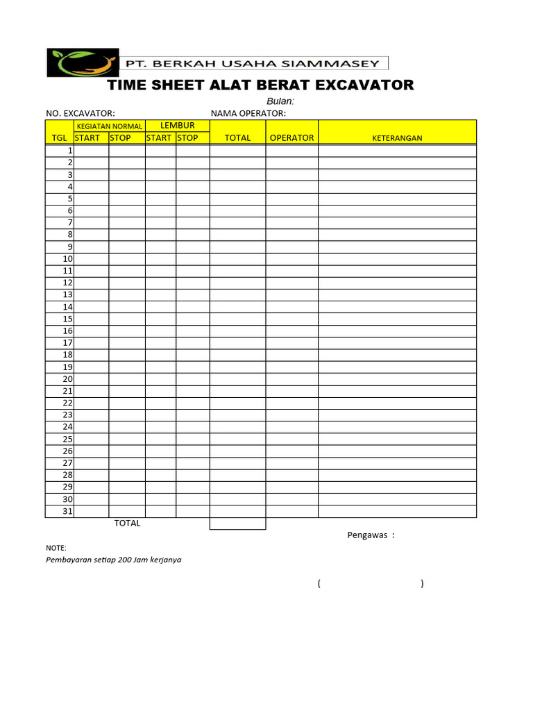 Time Sheet Exchavator | PDF | Construction Equipment | Industrial Equipment