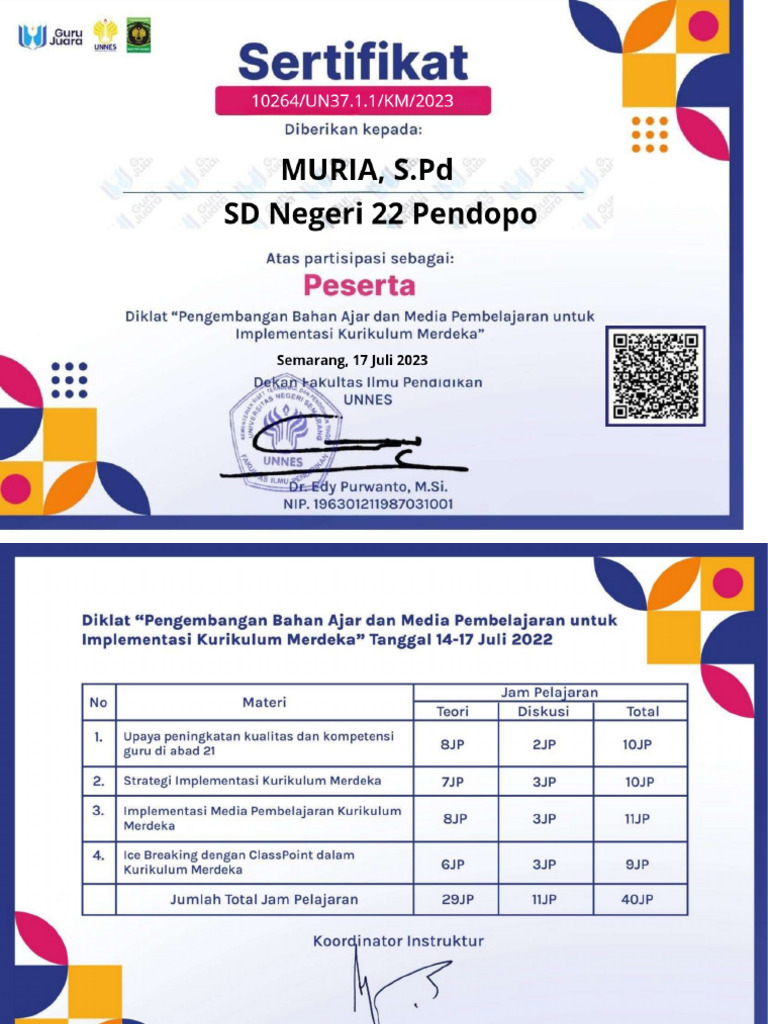 Sertifikat Pelatihan Muria 1 | PDF