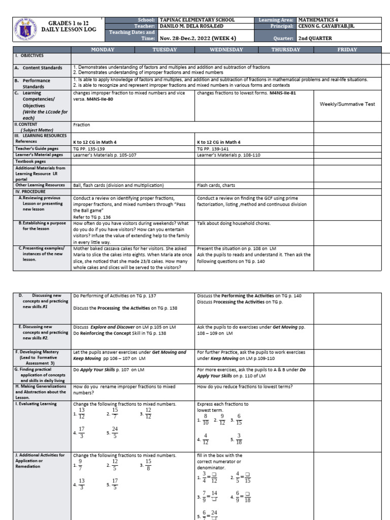 DLL - Math 4 - Q2 - W4 | PDF