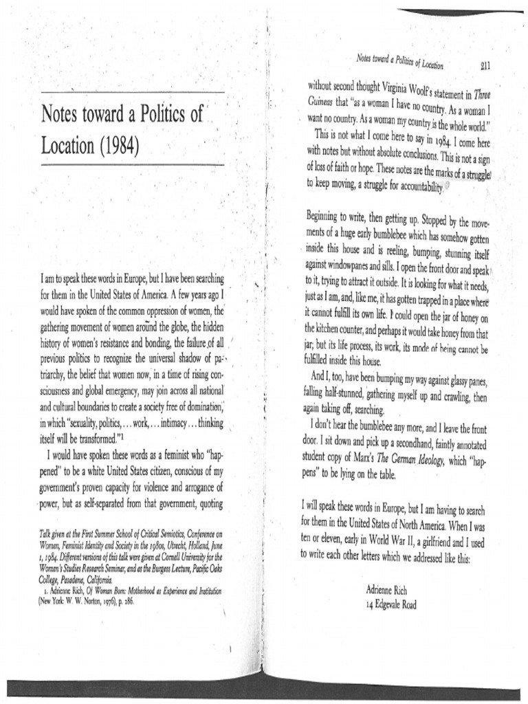 Adrienne-Rich Notes-Toward-A-Politics-Of-Location | PDF