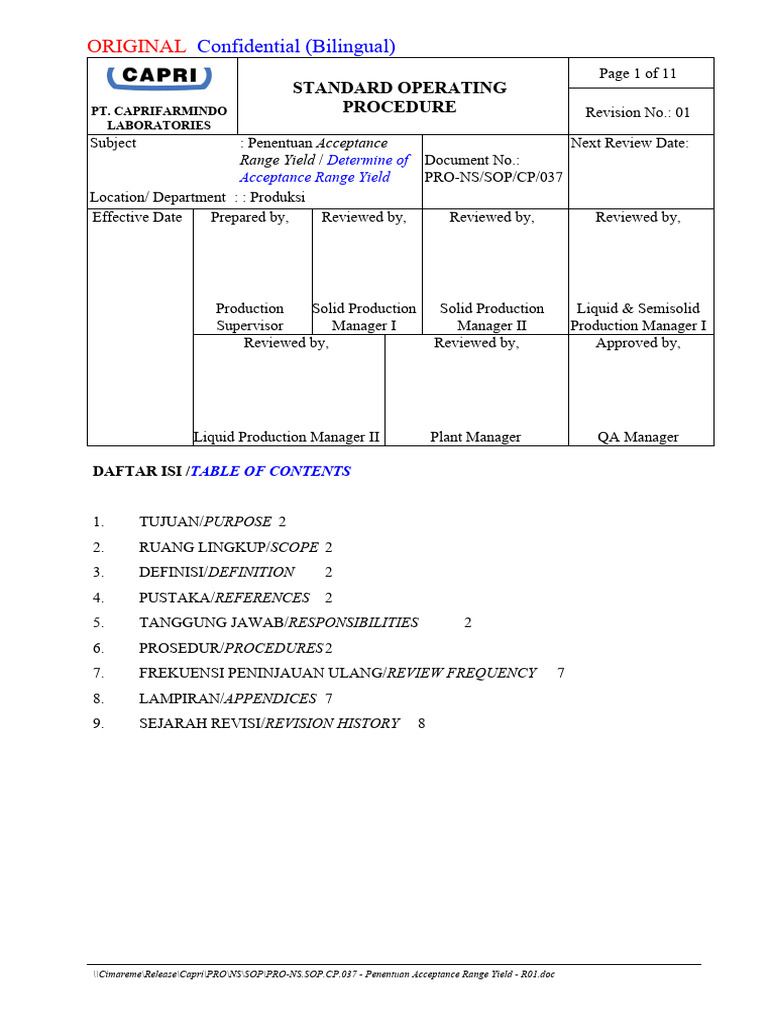 PRO-NS SOP CP 037 Penentuan Acceptance Range Yield 01 | PDF