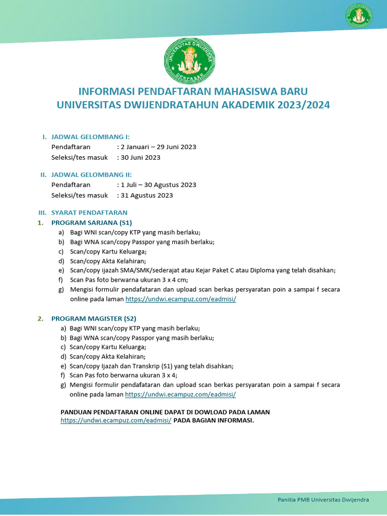 Informasi Penerimaan Mahasiswa Baru Tahun Akademik 2023-2024 19224 | PDF