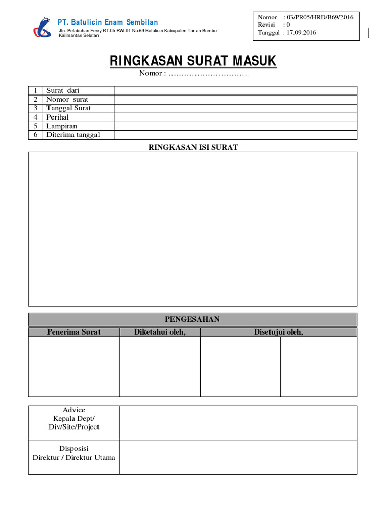 Form Ringkasan Surat Masuk Pdf