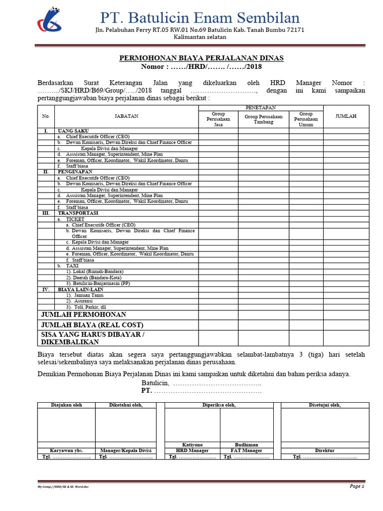 Form Permohonan Biaya Perjalanan Dinas (TTD Yg Bersangkutan, Atasan ...