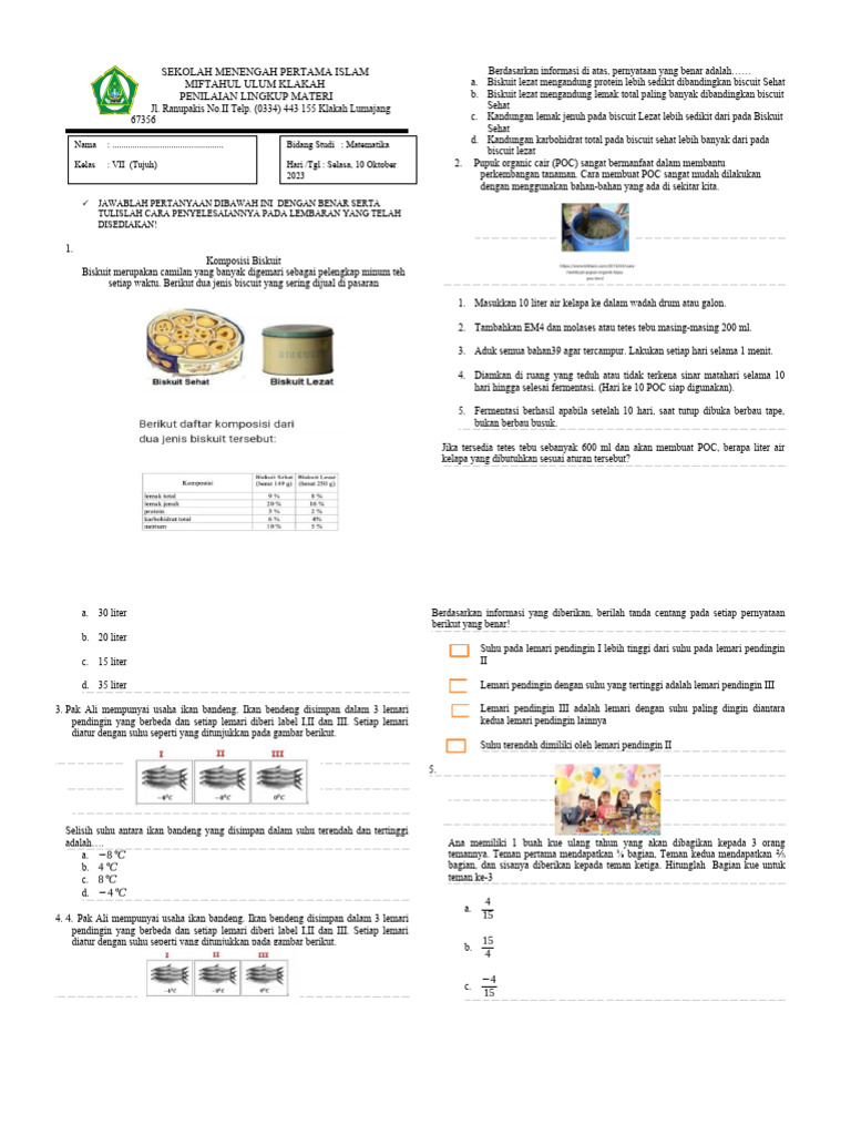 Soal PTS MTK VII FI | PDF