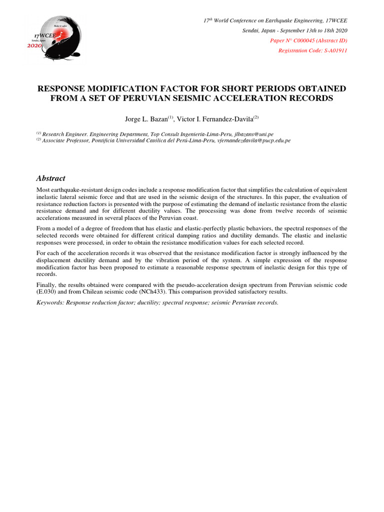 Response Modification Factor For Short Periods Obtained From A Set Of Peruvian Seismic
