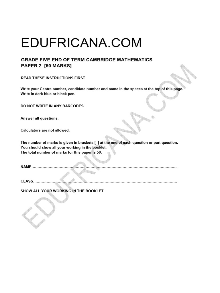 Primary School Grade 5 End of Term Mathematics PAPER 2 | PDF | Mathematics