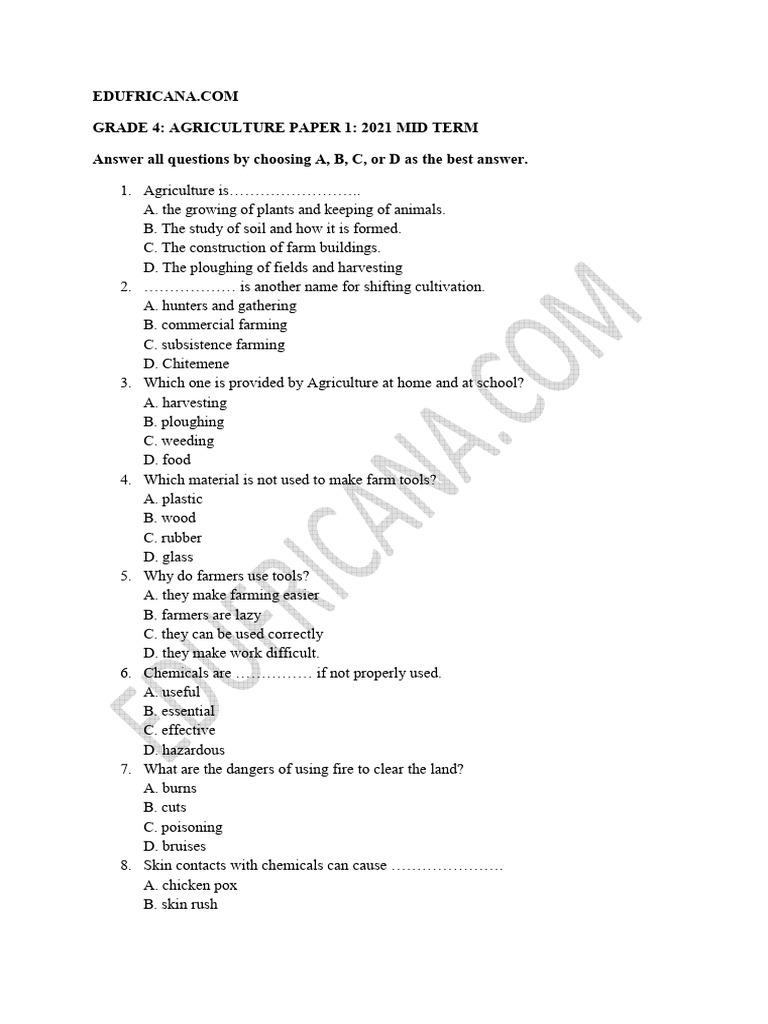 Primary School Grade 5 Agriculture Science and Technology Mid Year Exam Paper Grade 1 To Grade 7 ...