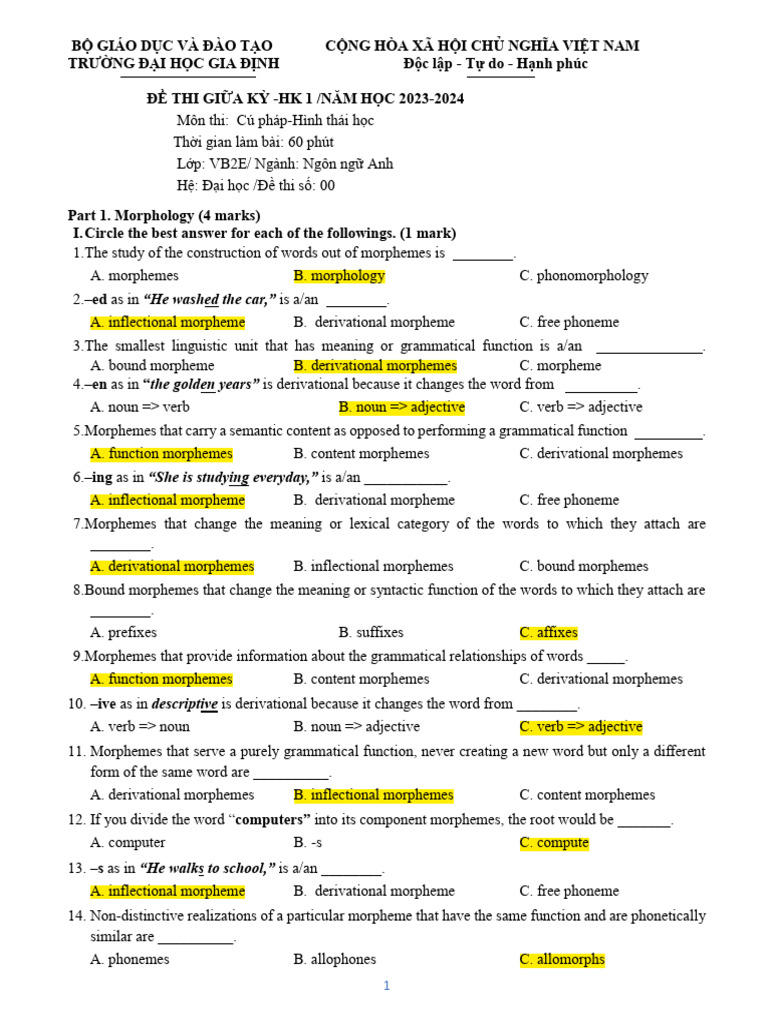 ĐỀ THI MOR - SYNTAX - MID -GDU | PDF | Word | Morphology (Linguistics)