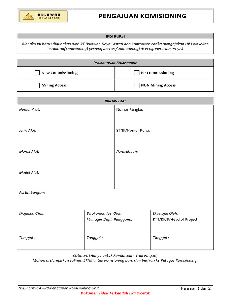 HSE-FORM-14-R0 Pengajuan Komisioning | PDF