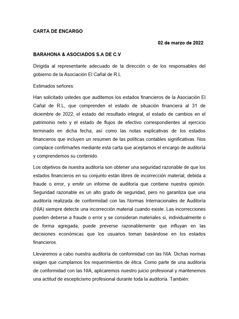 Carta de Encargo | Descargar gratis PDF | Auditoría | Estado financiero