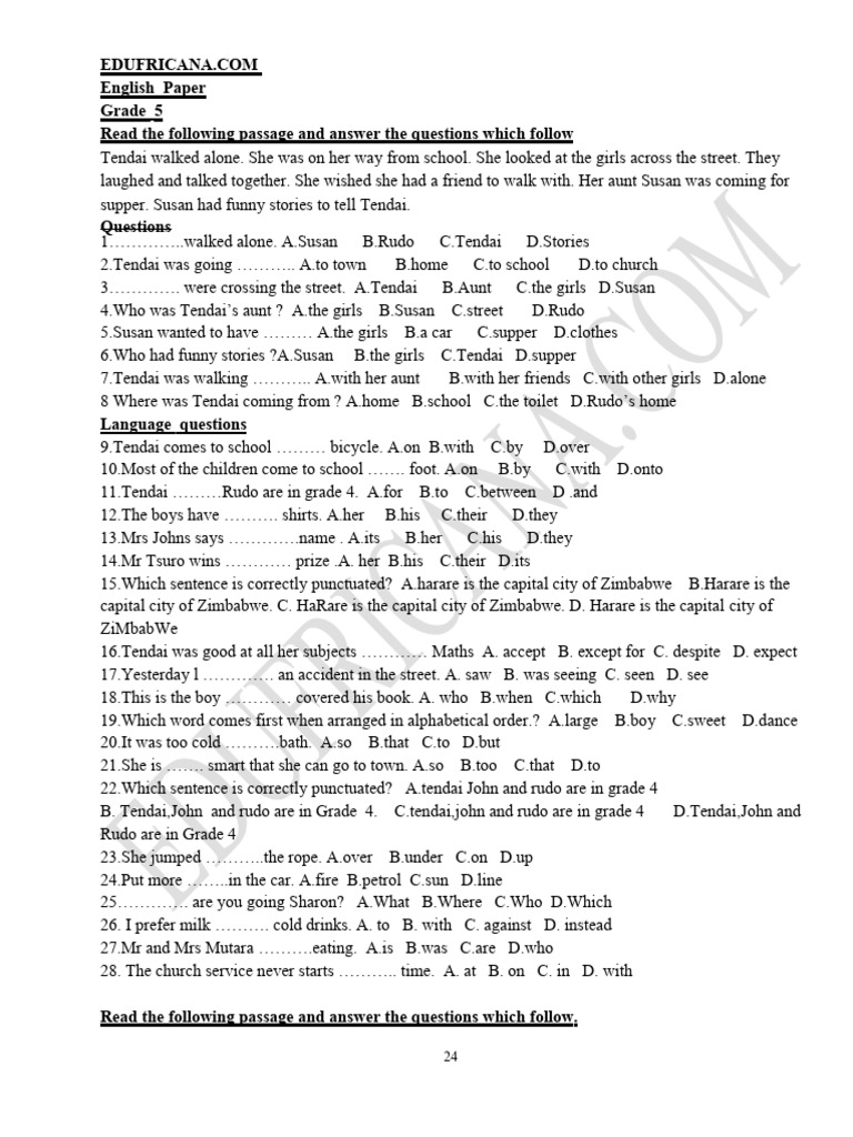 Zimbabwe Primary School ZIMSEC Grade 5 English Exam Paper 1 Set 1 | PDF