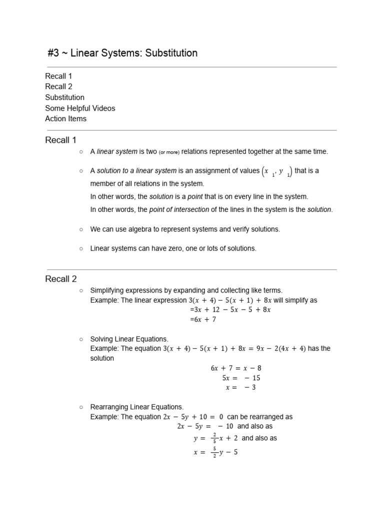 #3 - Linear Systems - Substitution | PDF | System Of Linear Equations | Equations