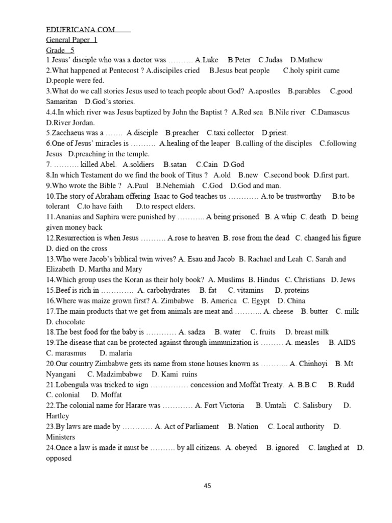 Zimbabwe Primary School ZIMSEC Grade 5 General Paper Exam Paper 1 Set 1 ... Zimbabwe Primary School ZIMSEC Grade 5 General Paper Exam Paper 1 Set 1 ...