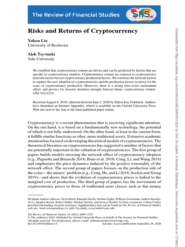 Liu - Tsyvinski - RFS - 2021 - Risks and Returns of Cryptocurrency | PDF | Cryptocurrency ...