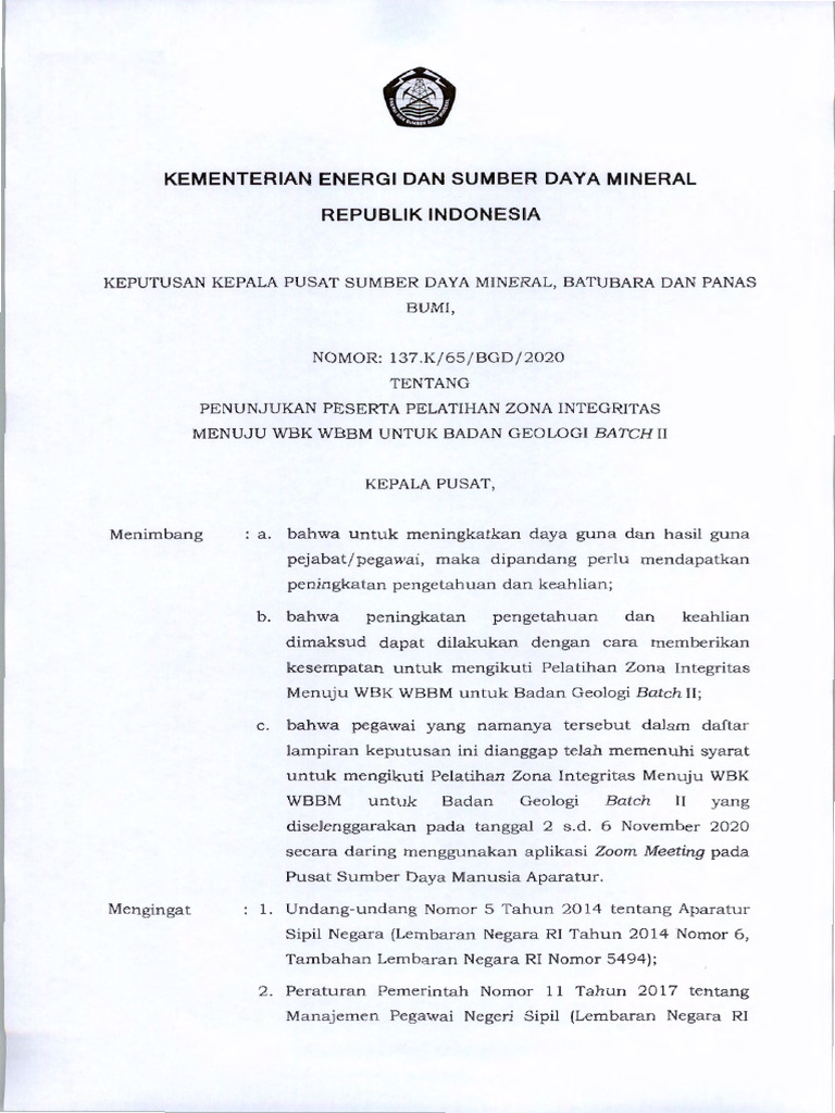 Pelatihan Zona Integritas Menuju Wbk Wbbm Untuk Badan Geologi Batch Ii