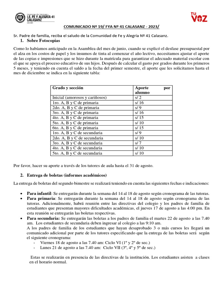 Comunicado A Familias #19. Fecha.10.08.2023final | PDF